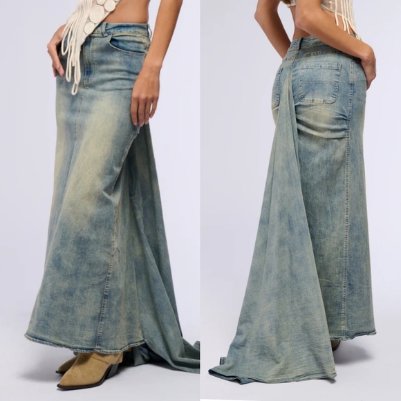 AKIRA | Skirts | Akira Drama Denim Maxi Skirt With Train | Poshmark